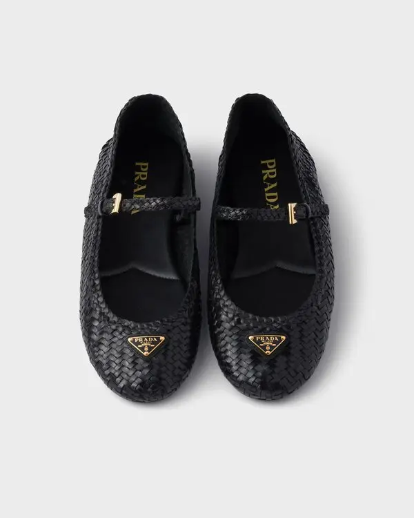 Prada Woven Ballerinas With Metal Buckle Detail