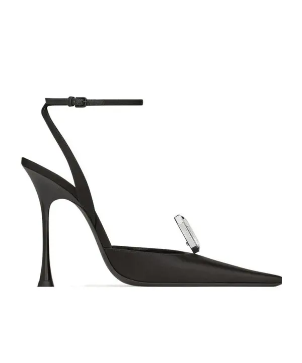 Saint Laurent Harlow Pointed Toe Pumps With Embellished Detail And Adjustable Ankle Strap