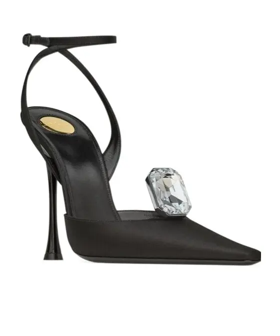 Saint Laurent Harlow Pointed Toe Pumps With Embellished Detail And Adjustable Ankle Strap