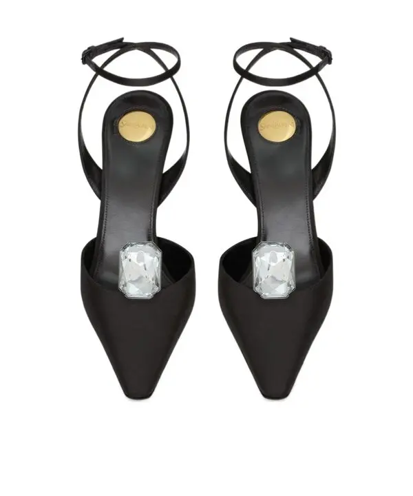 Saint Laurent Harlow Pointed Toe Pumps With Embellished Detail And Adjustable Ankle Strap