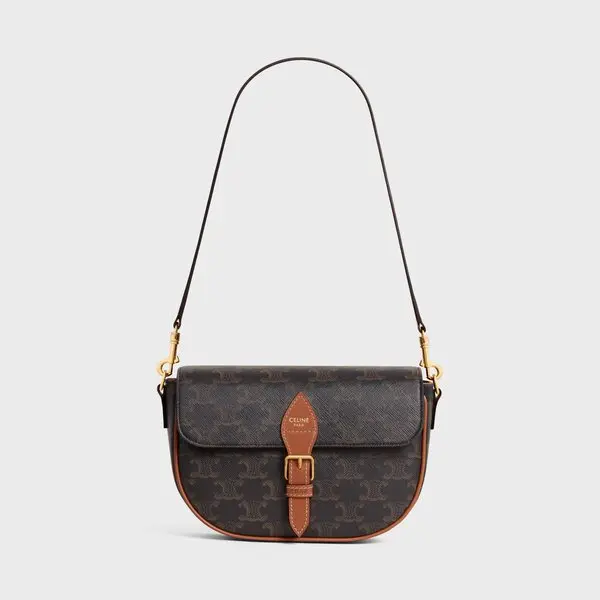 Celine Folco Shoulder Bag In Triomphe Canvas And Calfskin - Tan