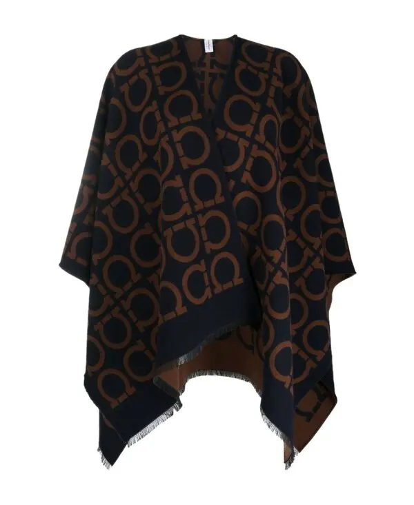 FERRAGAMO Logo Print Wool Silk Blend Cape