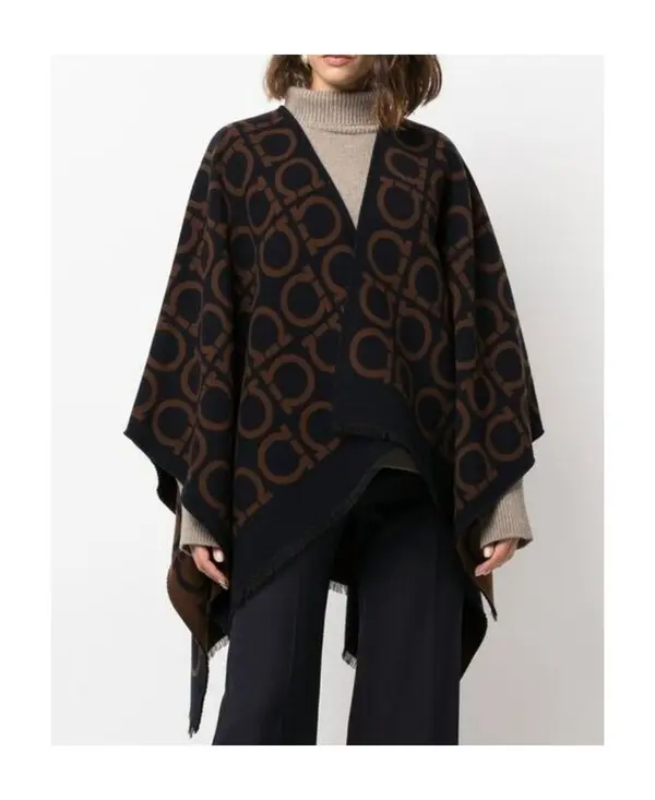 FERRAGAMO Logo Print Wool Silk Blend Cape