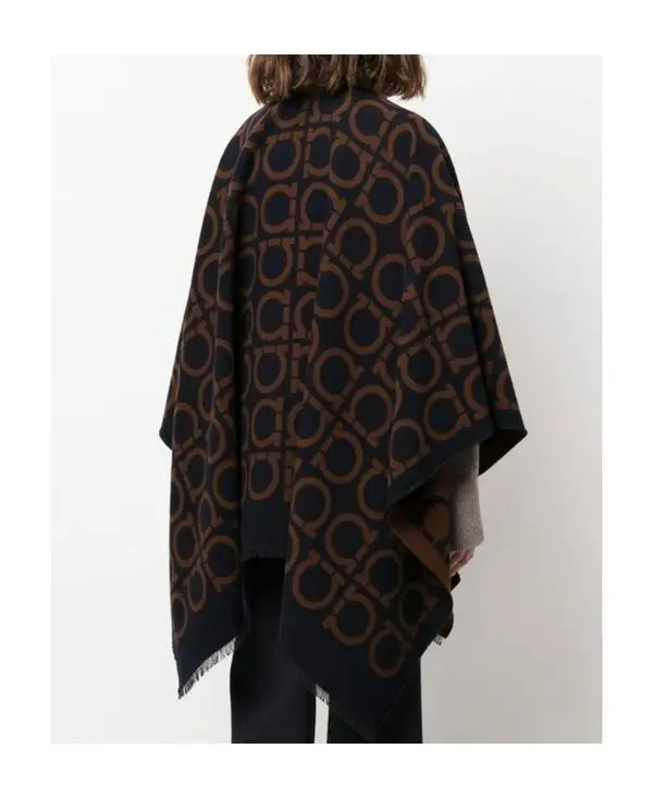 FERRAGAMO Logo Print Wool Silk Blend Cape