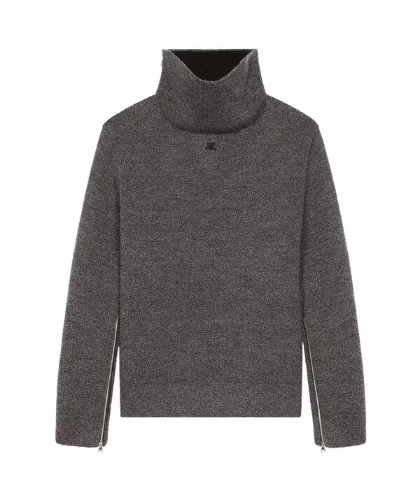 COURREGES Courrèges Ribbed Wool Mockneck Sweater With Zipped Collar And Sleeves - Black/grey