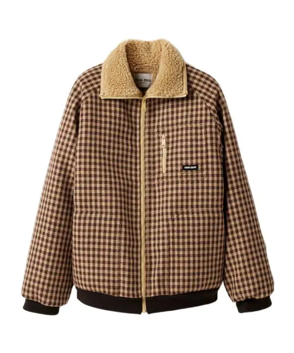 Miu Miu Fleece-lined Checked Blouson Jacket - Camel/cocoa Brown