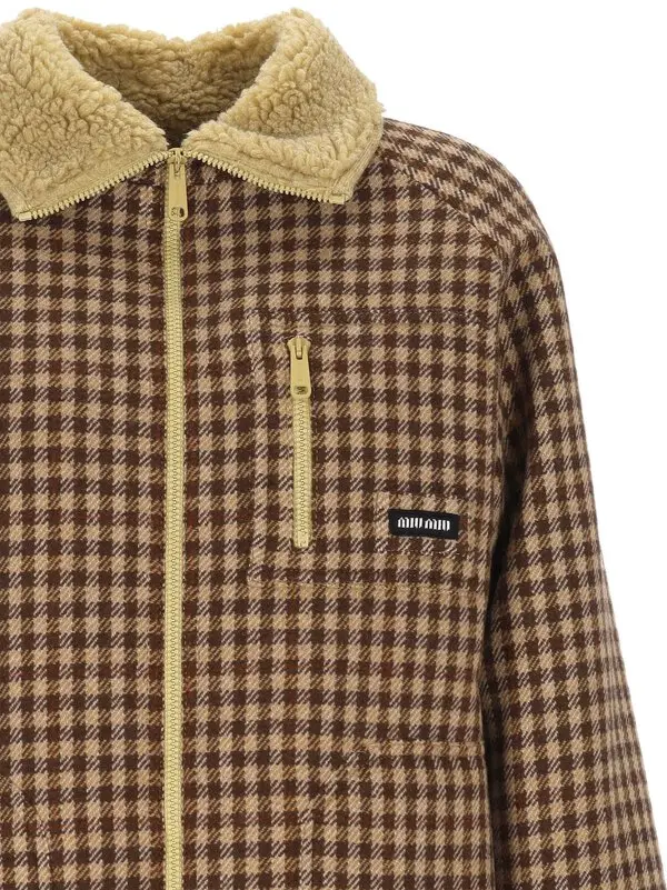 Miu Miu Fleece-lined Checked Blouson Jacket - Camel/cocoa Brown