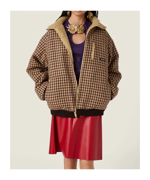 Miu Miu Fleece-lined Checked Blouson Jacket - Camel/cocoa Brown