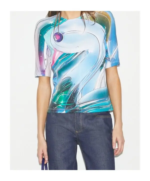 Tory Burch Printed Crewneck T-shirt With Sculpted Shoulder Pads - Blue
