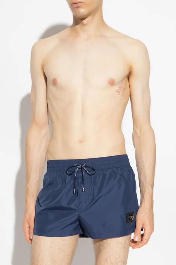 Dolce & Gabbana Logo Plaque Drawstring Swim Shorts - Blue