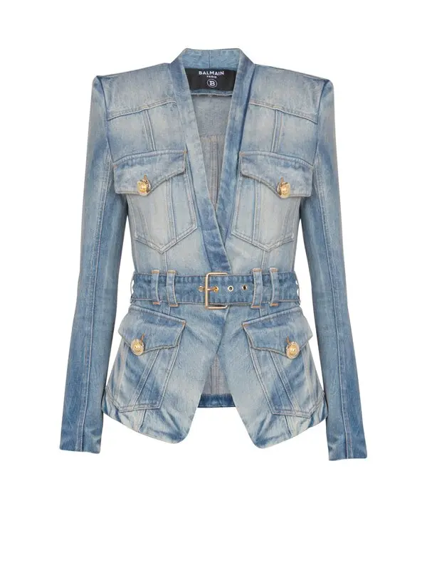 Balmain Belted Denim Jacket With Golden Metal Trims