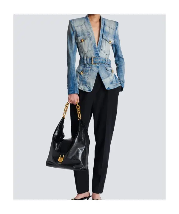 Balmain Belted Denim Jacket With Golden Metal Trims
