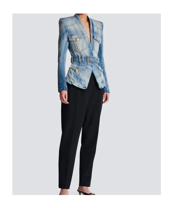 Balmain Belted Denim Jacket With Golden Metal Trims