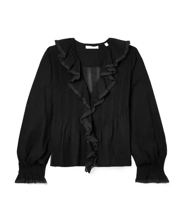 DÔEN Long Sleeve Lace Trimmed Shirt - Black