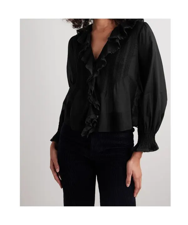 DÔEN Long Sleeve Lace Trimmed Shirt - Black