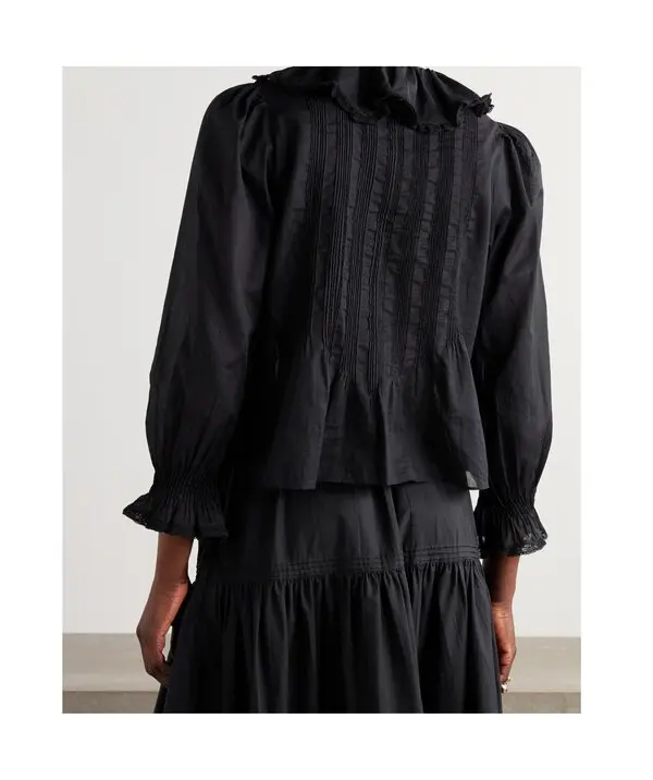 DÔEN Long Sleeve Lace Trimmed Shirt - Black