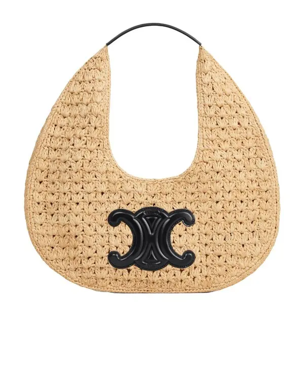 Celine Classic Panier Hobo Bag In Raffia And Calfskin - Natural/black