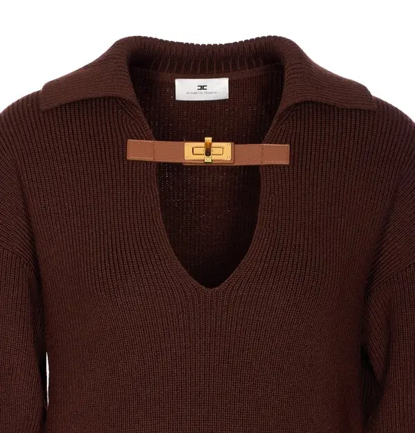 Elisabetta Franchi Ribbed Knit Polo-collar Jumper With Buckle Detail - Coffee