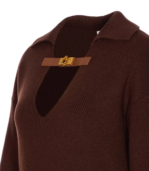 Elisabetta Franchi Ribbed Knit Polo-collar Jumper With Buckle Detail - Coffee