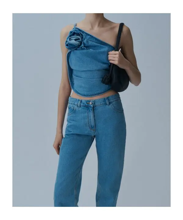 Magda Butrym One-shoulder Draped Denim Top With Flower Appliqu - Light Blue