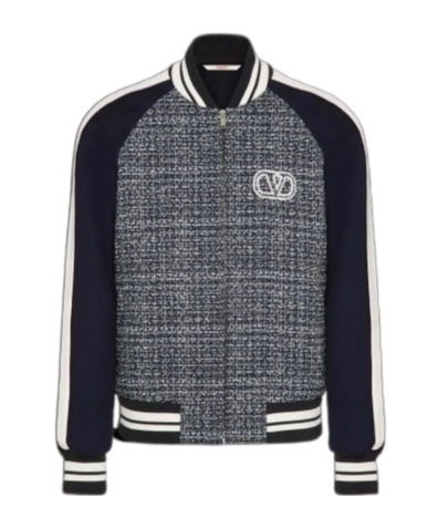 Valentino Garavani Logo Embroidered Zip-up Tweed Bomber Jacket