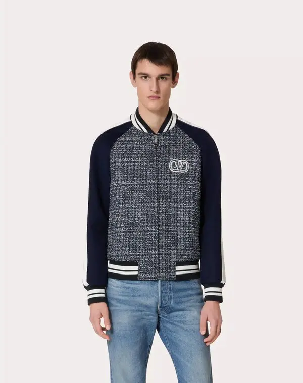 Valentino Garavani Logo Embroidered Zip-up Tweed Bomber Jacket