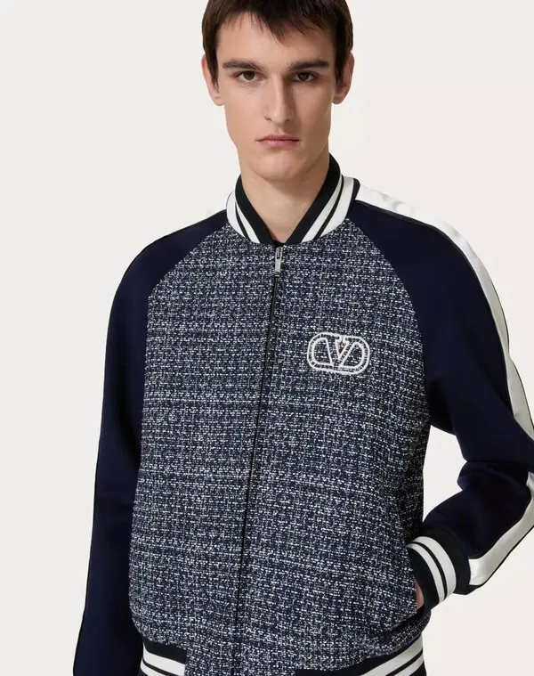 Valentino Garavani Logo Embroidered Zip-up Tweed Bomber Jacket