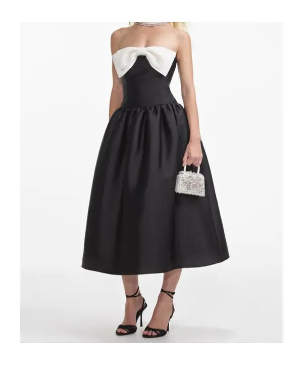 SELF-PORTRAIT Taffeta Contrast Bow Midi Dress