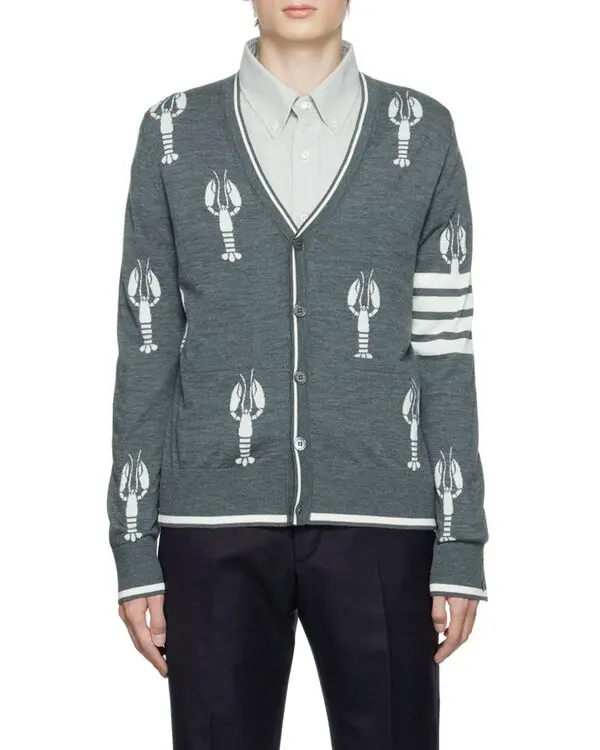 Thom Browne Lobster Intarsia Merino Wool V-neck Cardigan
