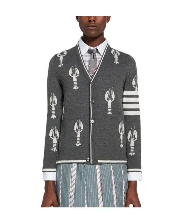 Thom Browne Lobster Intarsia Merino Wool V-neck Cardigan