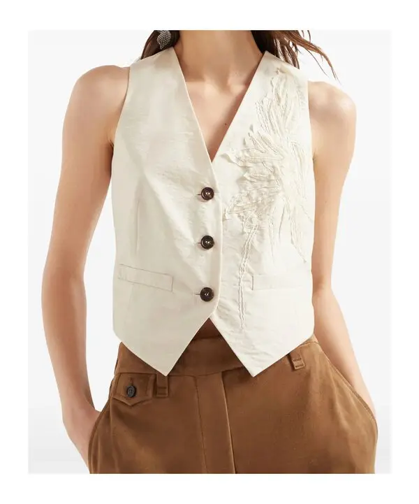 Brunello Cucinelli Floral Appliqué Waistcoat - White