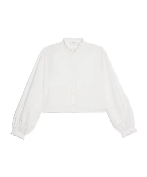 Celine Embroidered Linen Cotton Shirt With Ruffle Trim