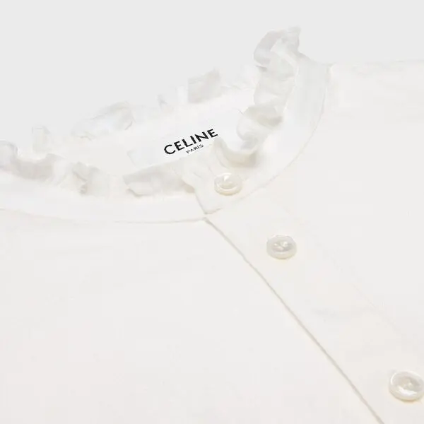 Celine Embroidered Linen Cotton Shirt With Ruffle Trim