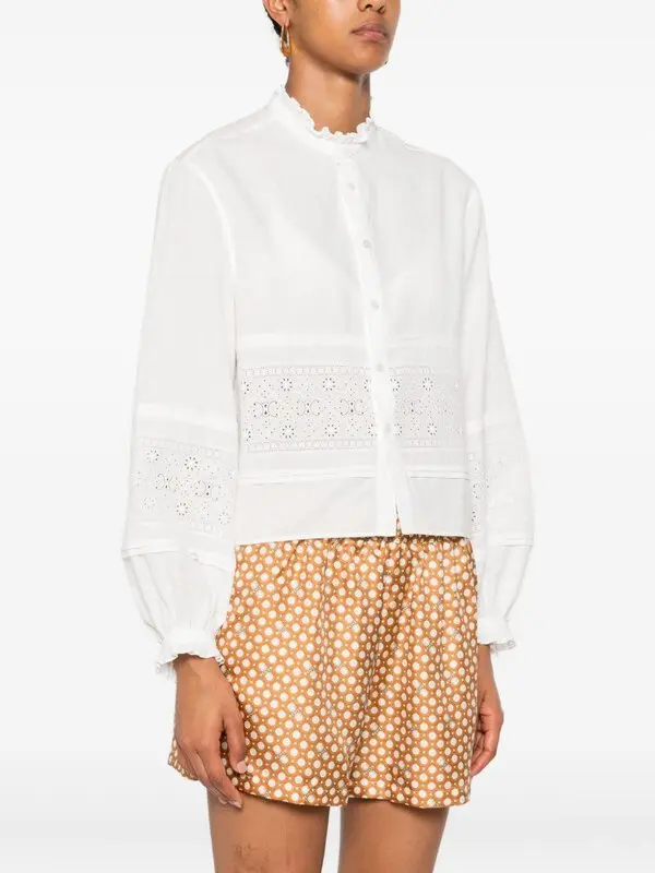 Celine Embroidered Linen Cotton Shirt With Ruffle Trim