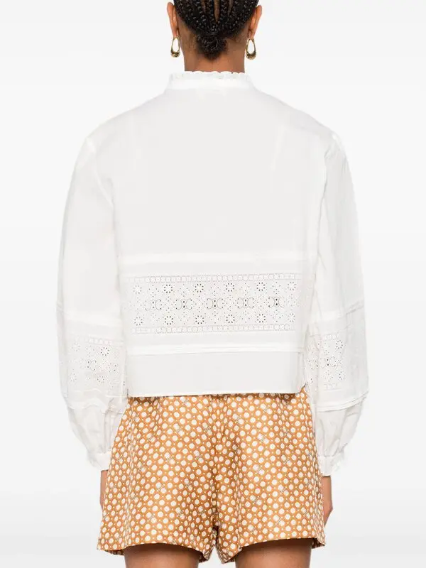 Celine Embroidered Linen Cotton Shirt With Ruffle Trim