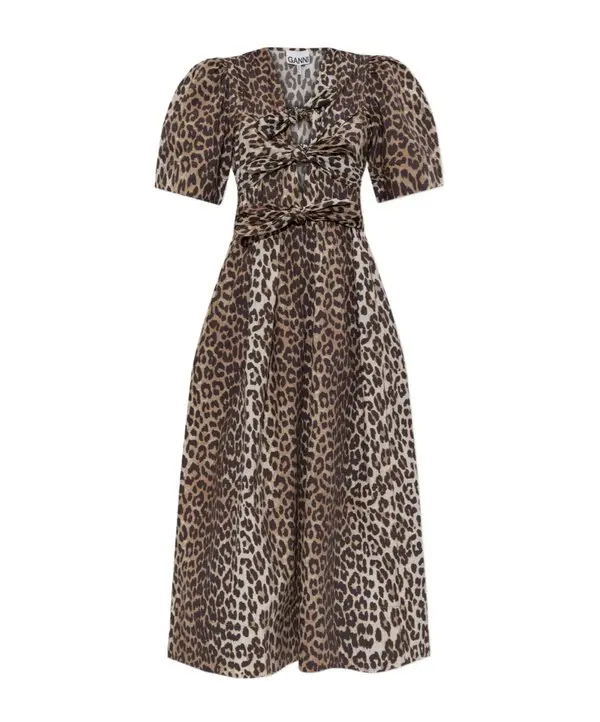 GANNI Leopard Print Bow Detail Midi Dress