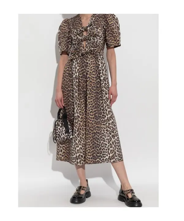 GANNI Leopard Print Bow Detail Midi Dress