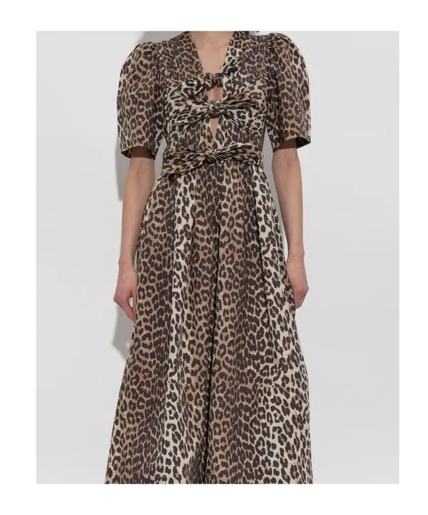 GANNI Leopard Print Bow Detail Midi Dress