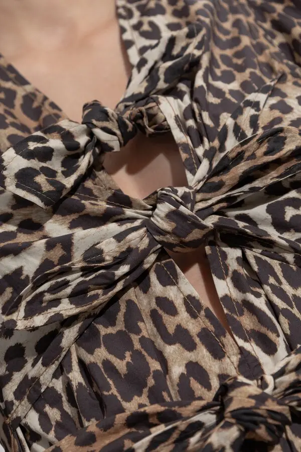 GANNI Leopard Print Bow Detail Midi Dress