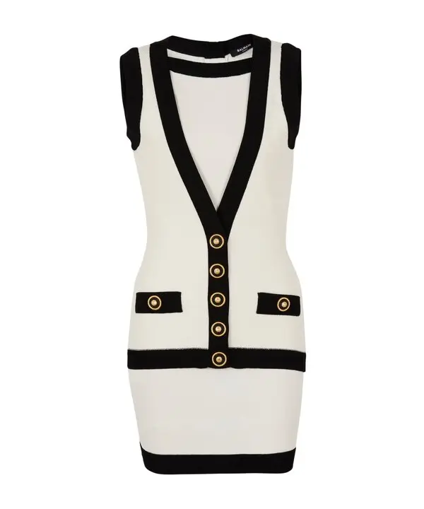 Balmain Two-tone Knit Dress With Gold Hardware - Beige