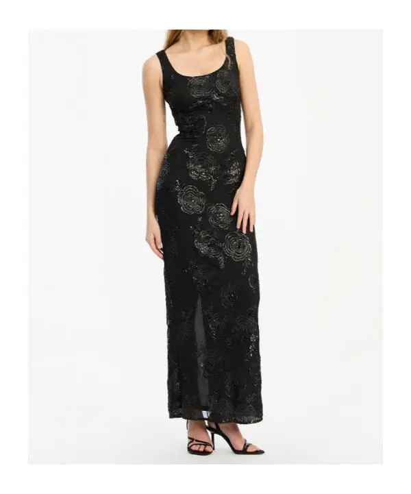 ROTATE BY BIRGER CHRISTENSEN Sequins Embellished Fitted Maxi Dress - Black