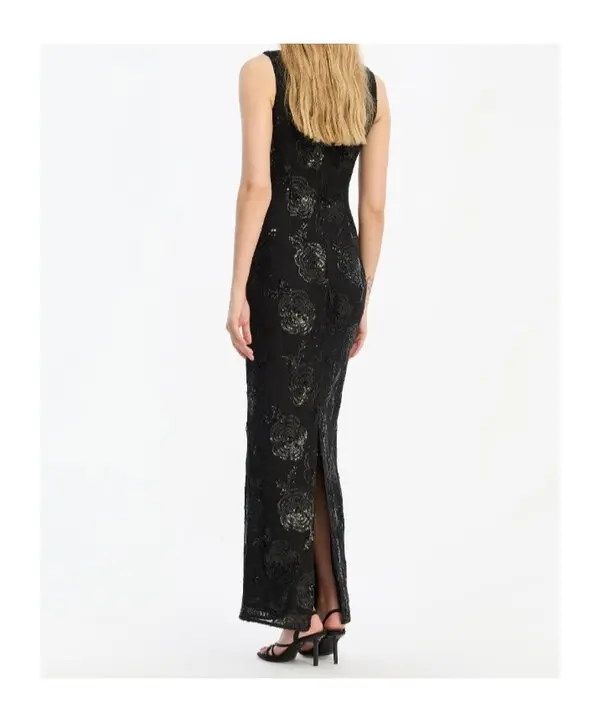 ROTATE BY BIRGER CHRISTENSEN Sequins Embellished Fitted Maxi Dress - Black