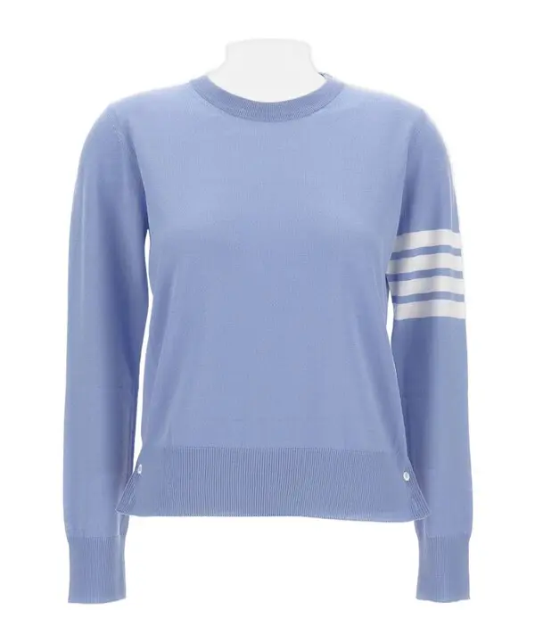 Thom Browne Crew Neck Wool Sweater With Signature Stripes - Blue