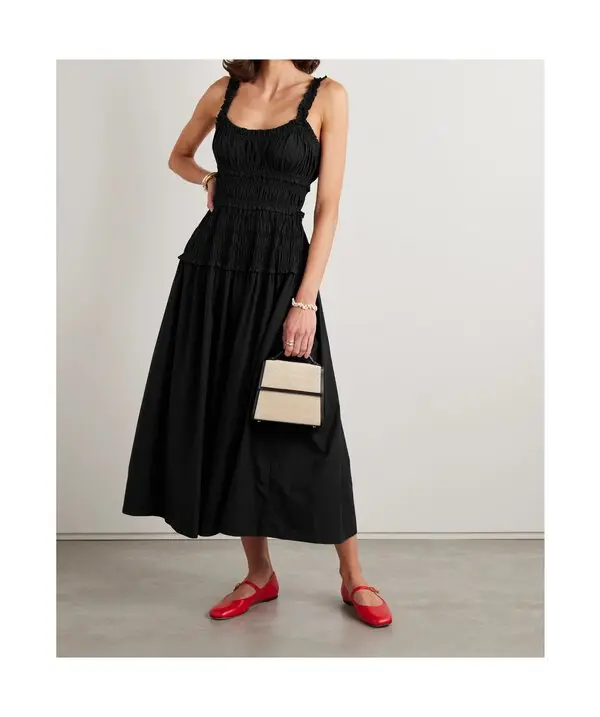 DÔEN Shirred Scoop-neck Dress With Ruffled Straps - Black