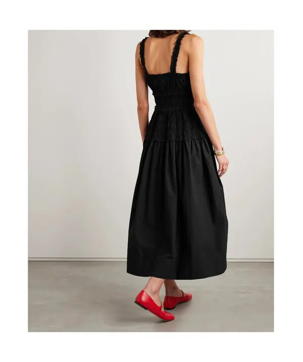 DÔEN Shirred Scoop-neck Dress With Ruffled Straps - Black