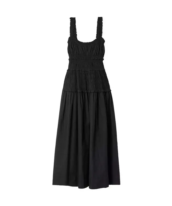 DÔEN Shirred Scoop-neck Dress With Ruffled Straps - Black