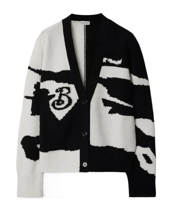 Burberry V-neck Cardigan With Graphic Print - Black/chalk