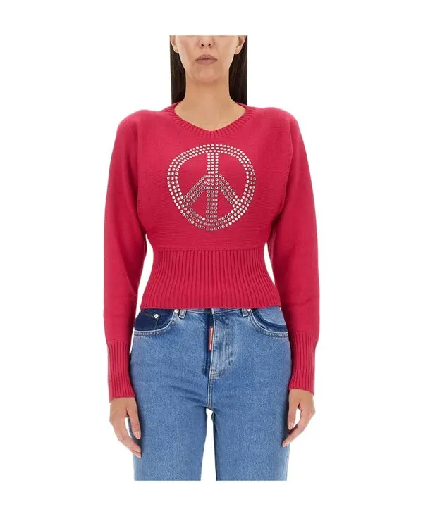 Moschino Embellished Peace Sign Knit Sweater - Red