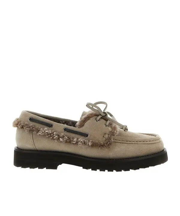 Brunello Cucinelli Shearling Trimmed Lace-up Boat Shoes