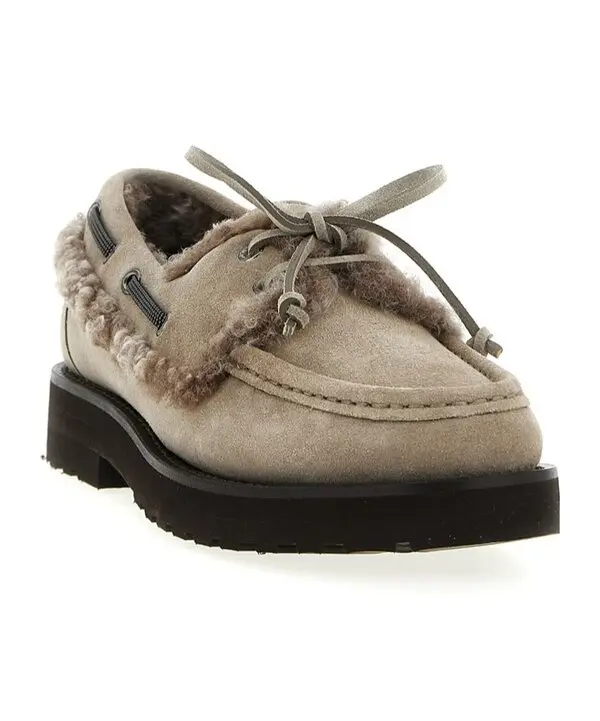 Brunello Cucinelli Shearling Trimmed Lace-up Boat Shoes